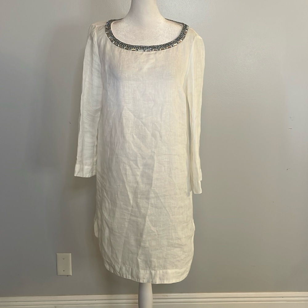 [120% Lino] White Bejeweled Linen Dress - Size 42/6 - Gem